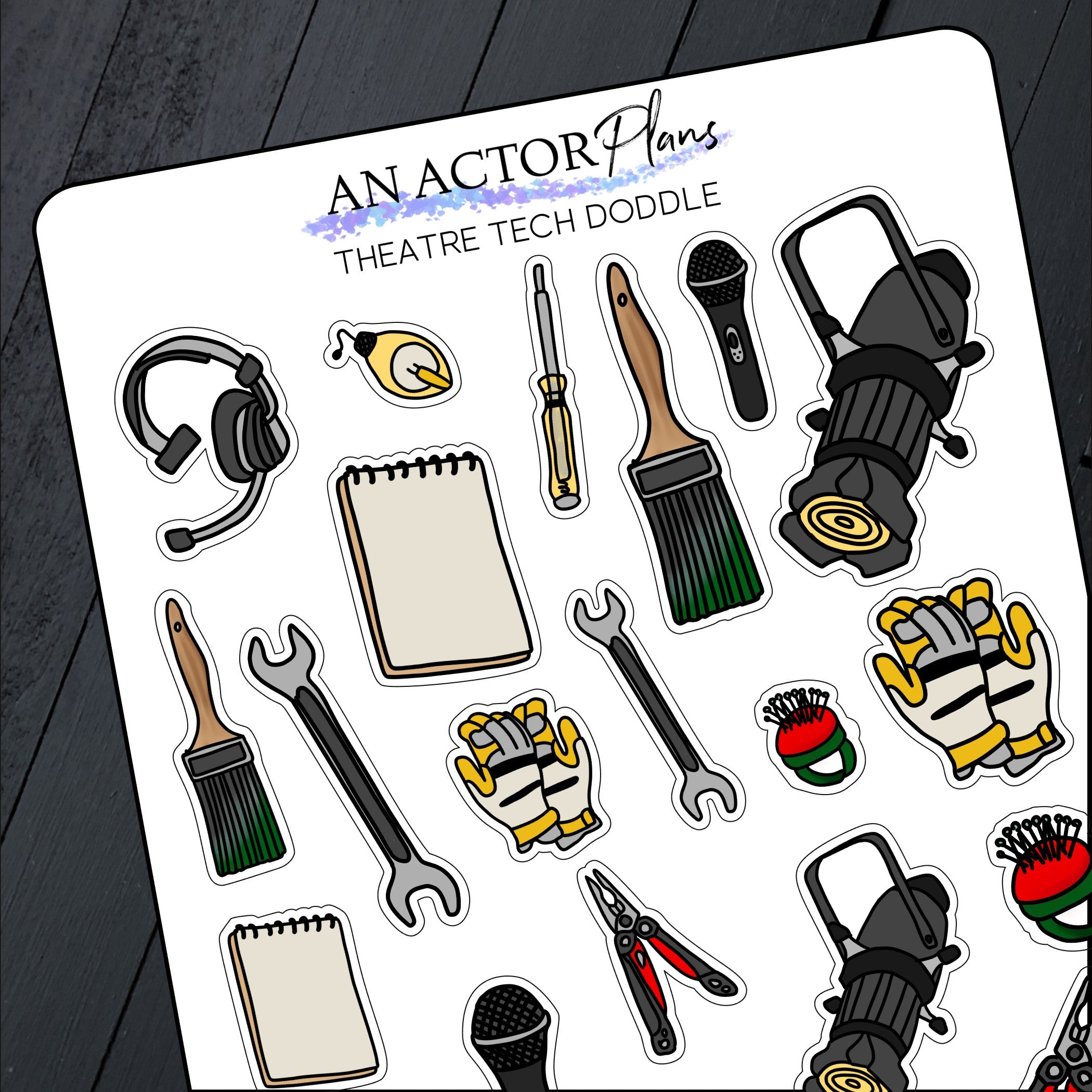 Theatre Tech // Doodle // Sticker Sheet – An Actor Plans
